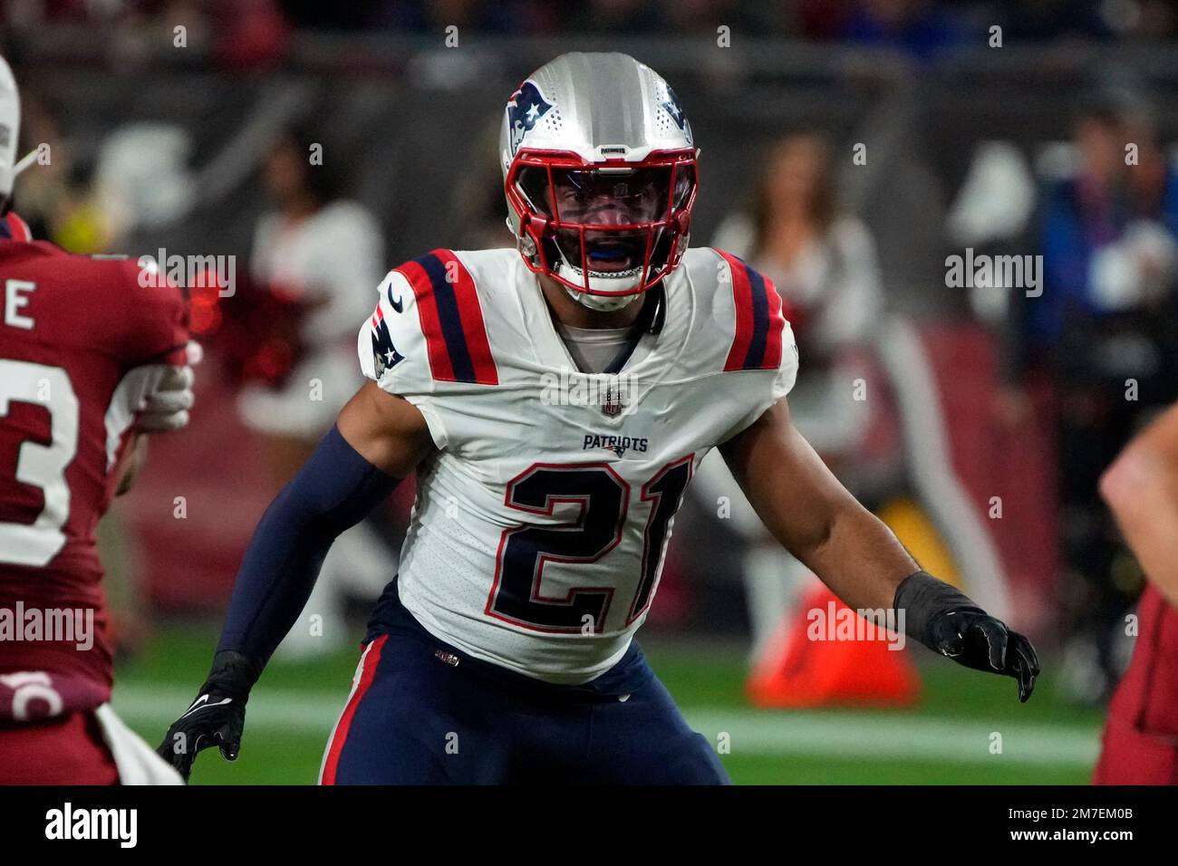 New England Patriots safety Adrian Phillips (21) lines up against the ...
