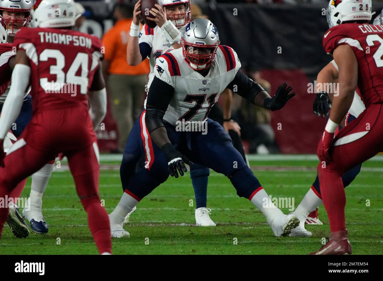 New England Patriots guard Mike Onwenu (71) blocks against the Arizona Cardinals during the ...