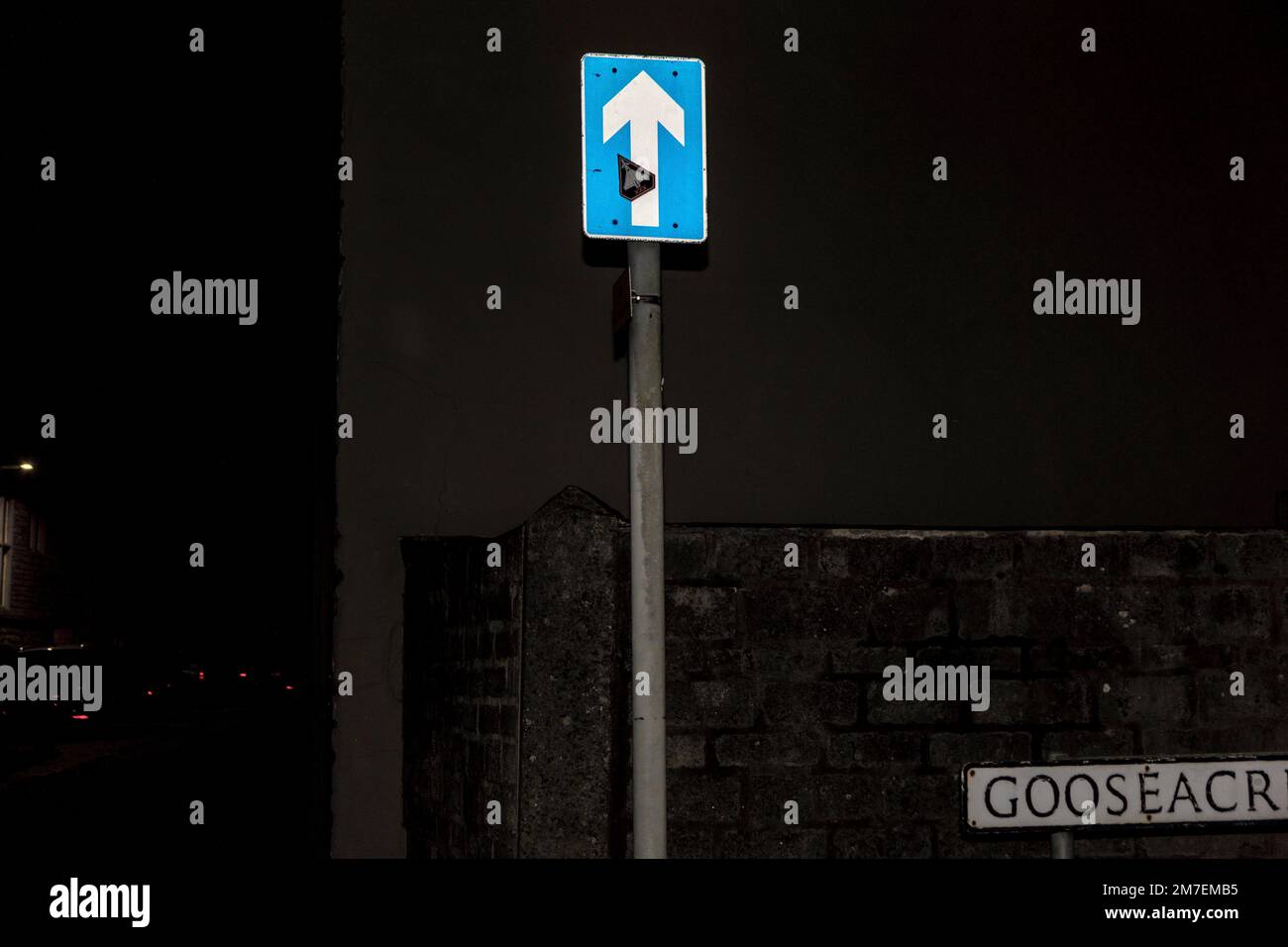 Road signs illuminated in the night by camera flash and reflecting ...