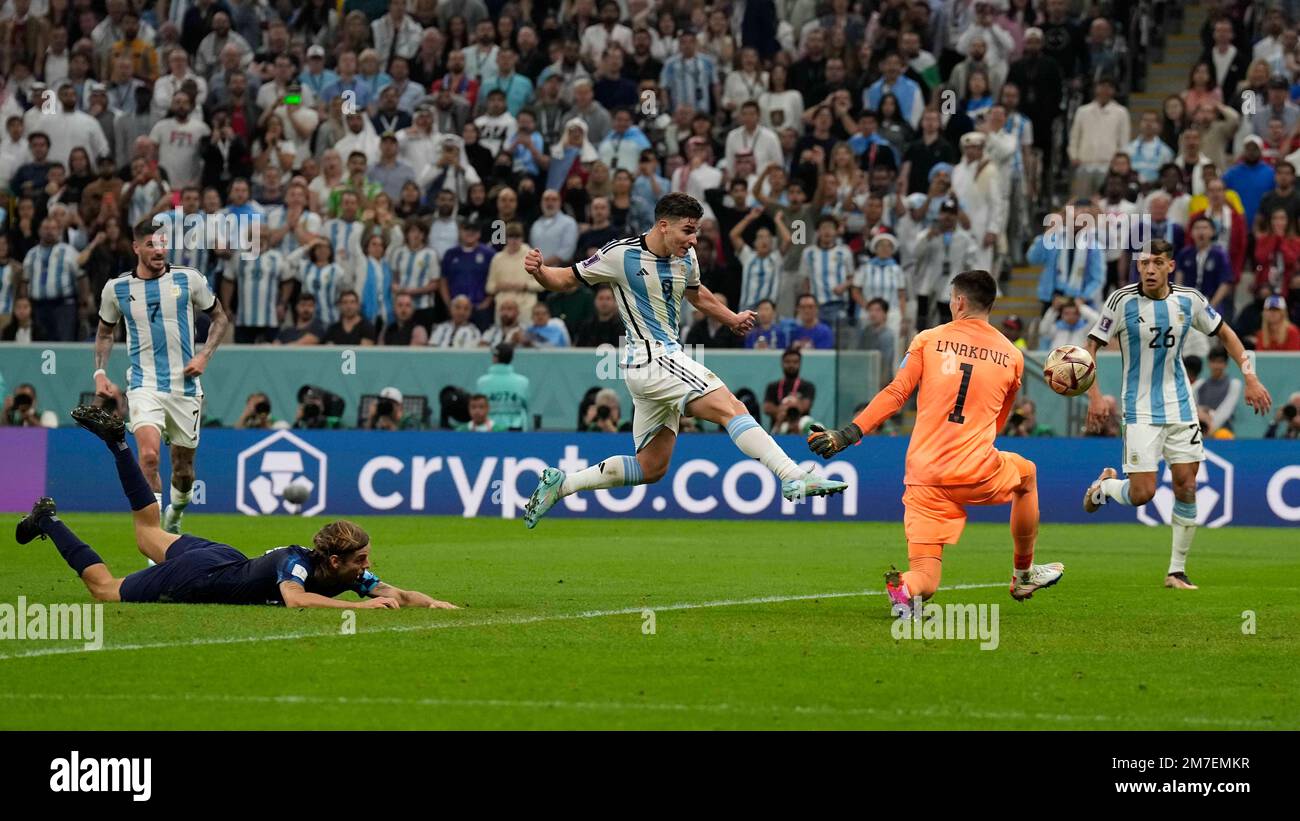 Argentina's Julian Alvarez scores his side's second goal during the ...