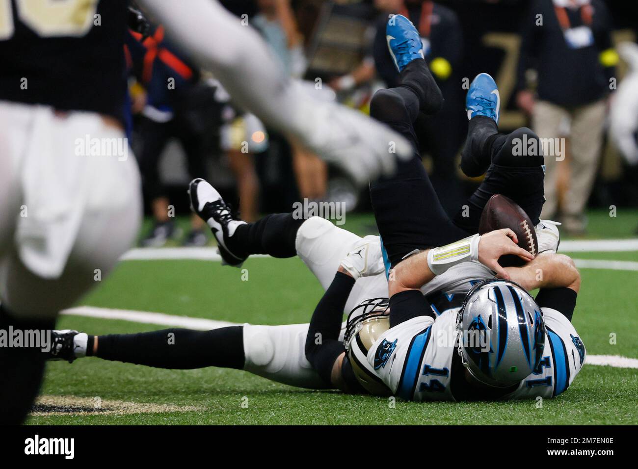 Carolina Panthers quarterback Sam Darnold fumbles in the end zone ...
