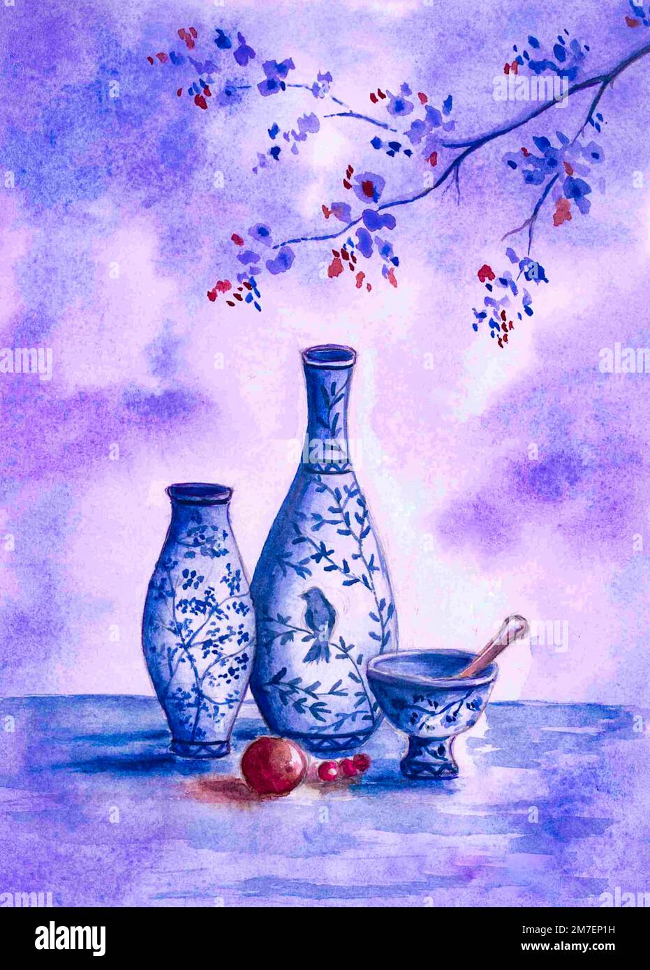 Still life with porcelain vases and bowl with flowers. Watercolour ...