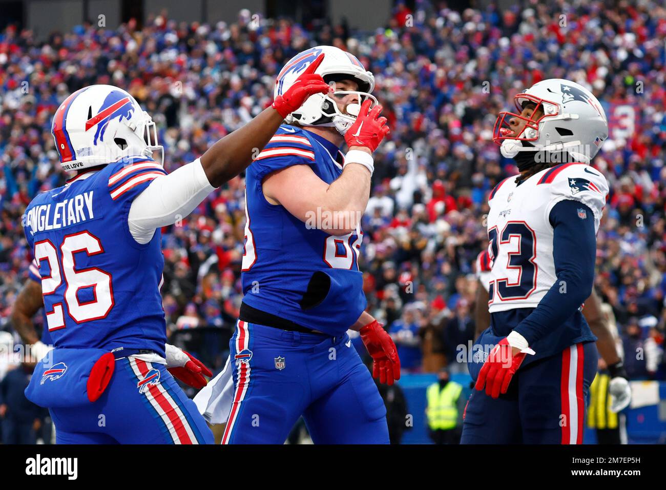 Buffalo Bills tight end Dawson Knox (88) celebrates after catching a ...