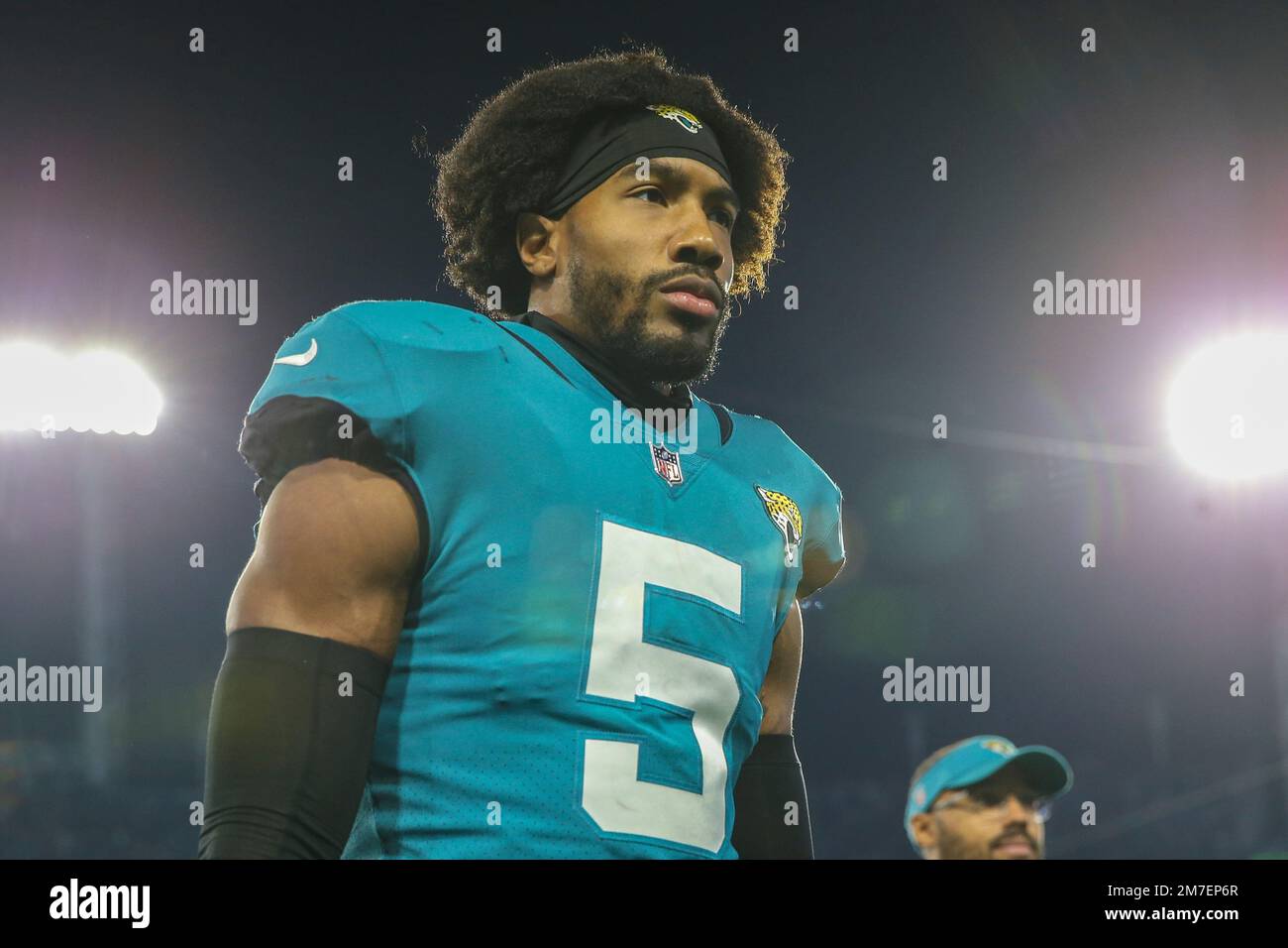Jacksonville Jaguars safety Andre Cisco (5) walks off the field at ...