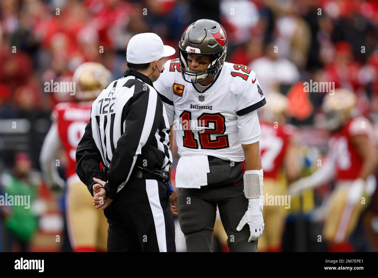 Tampa Bay Buccaneers quarterback Tom Brady (12) talks with referee Brad ...