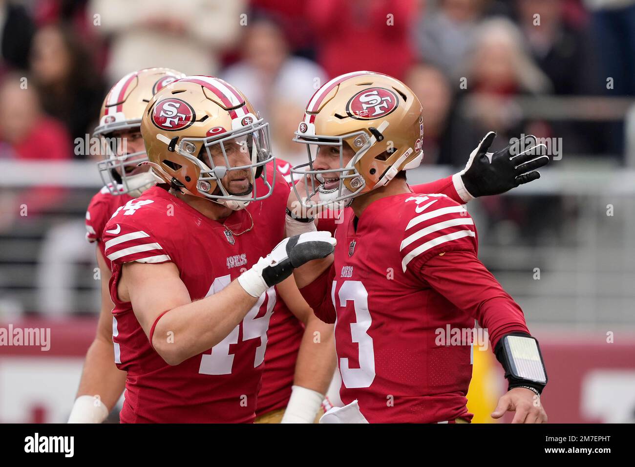 San Francisco 49ers quarterback Brock Purdy, right, celebrates with ...