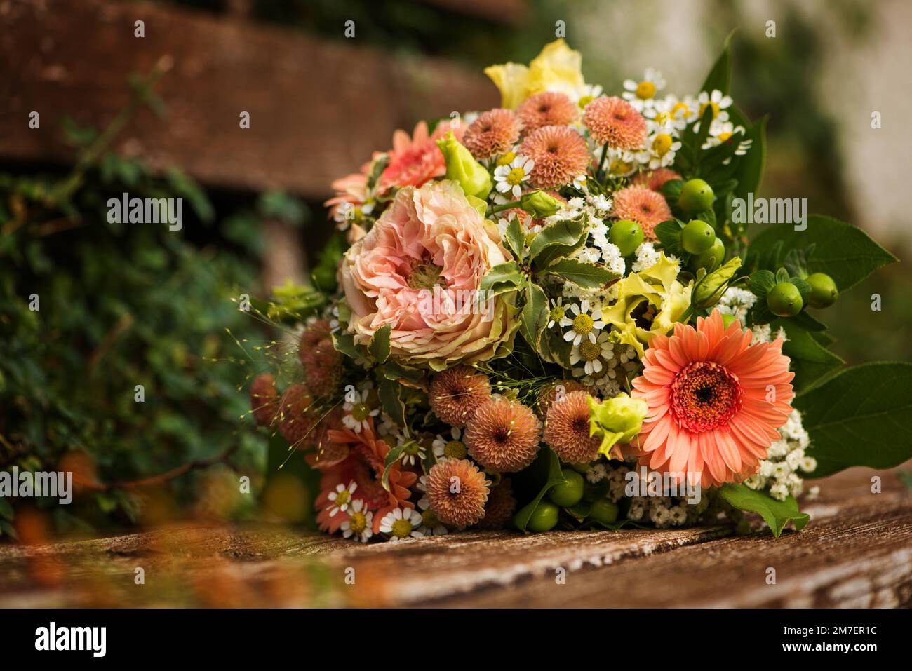 Colorful autumn flowers bouquet on a garden bench Stock Photo - Alamy