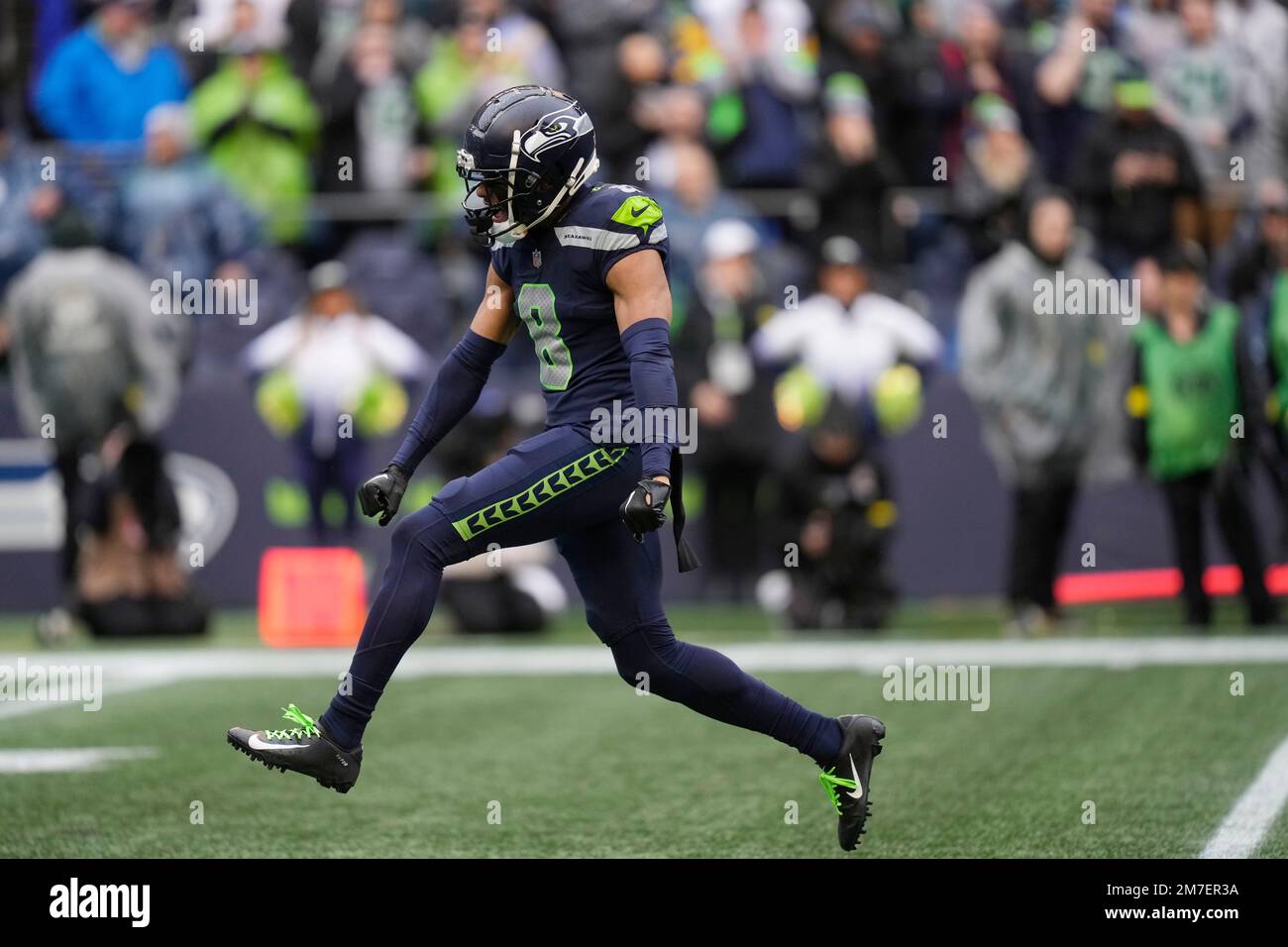 Seattle Seahawks cornerback Coby Bryant celebrates after sacking Los ...
