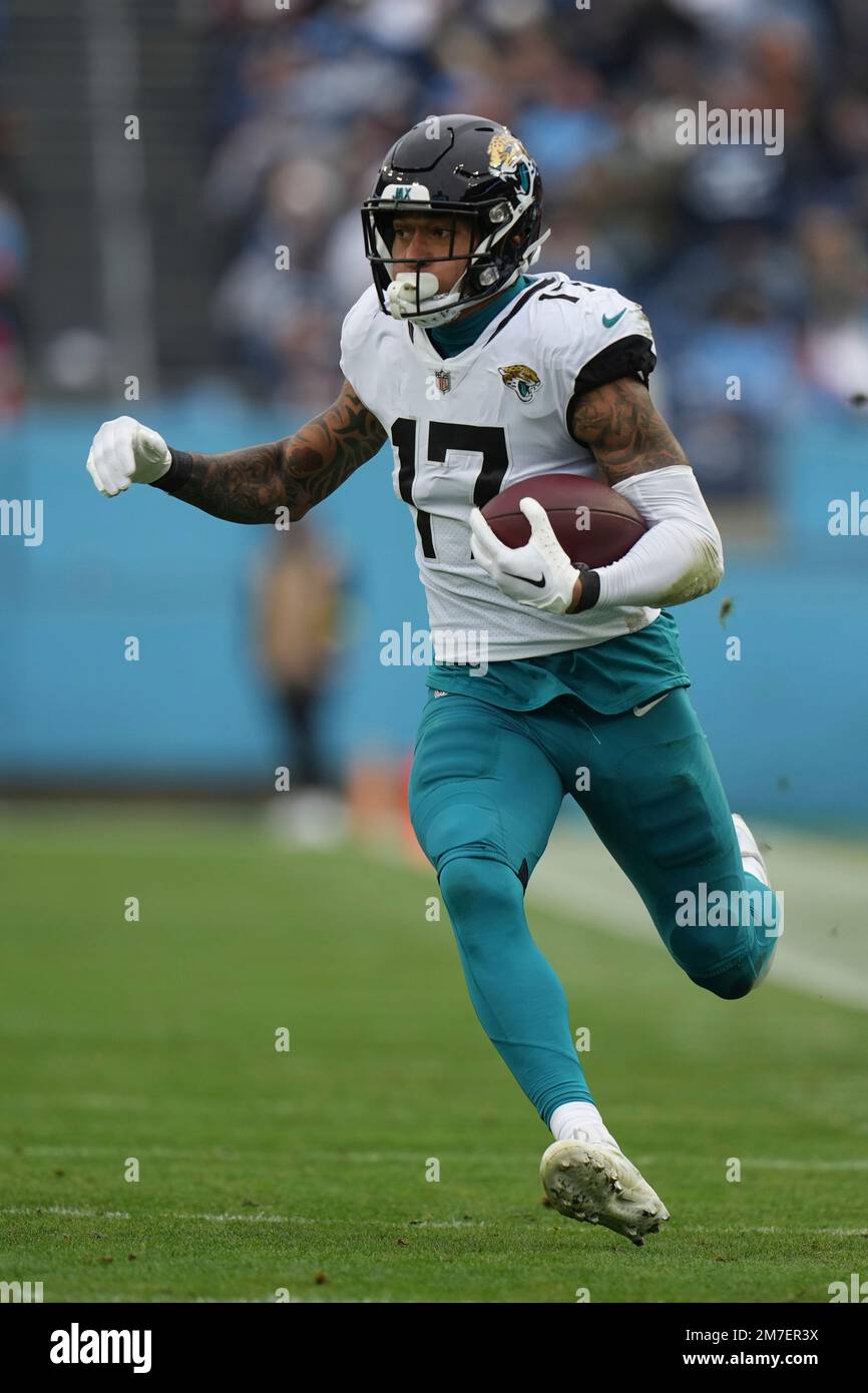 Jacksonville Jaguars tight end Evan Engram (17) runs after the catch during an NFL football game ...