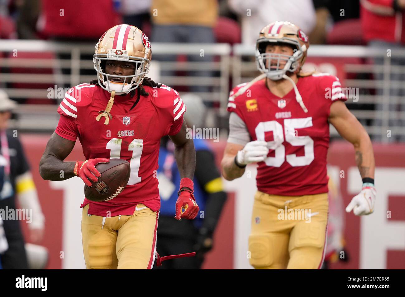 San Francisco 49ers wide receiver Brandon Aiyuk (11) and tight end ...