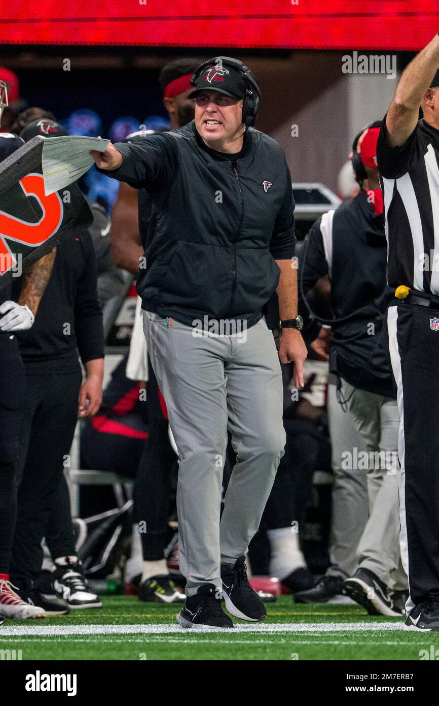 Atlanta Falcons head coach Arthur Smith reacts during the second half ...