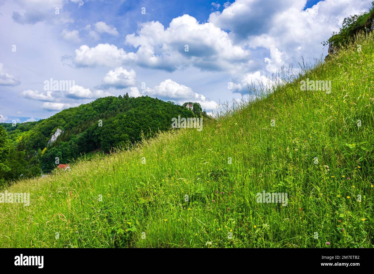 Landscape of the Swabian Alb and view of Uhenfels Manor near Seeburg ...