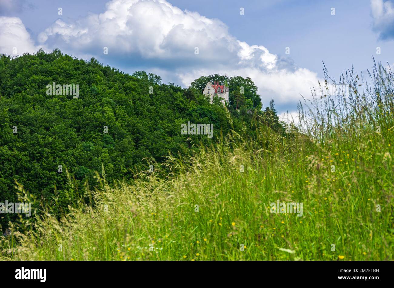 Landscape of the Swabian Alb and view of Uhenfels Manor near Seeburg ...