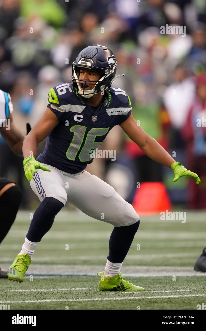 Seattle Seahawks wide receiver Tyler Lockett (16) gets set during an ...