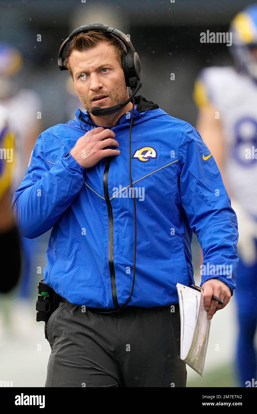Los Angeles Rams head coach Sean McVay walks on the sideline during the ...