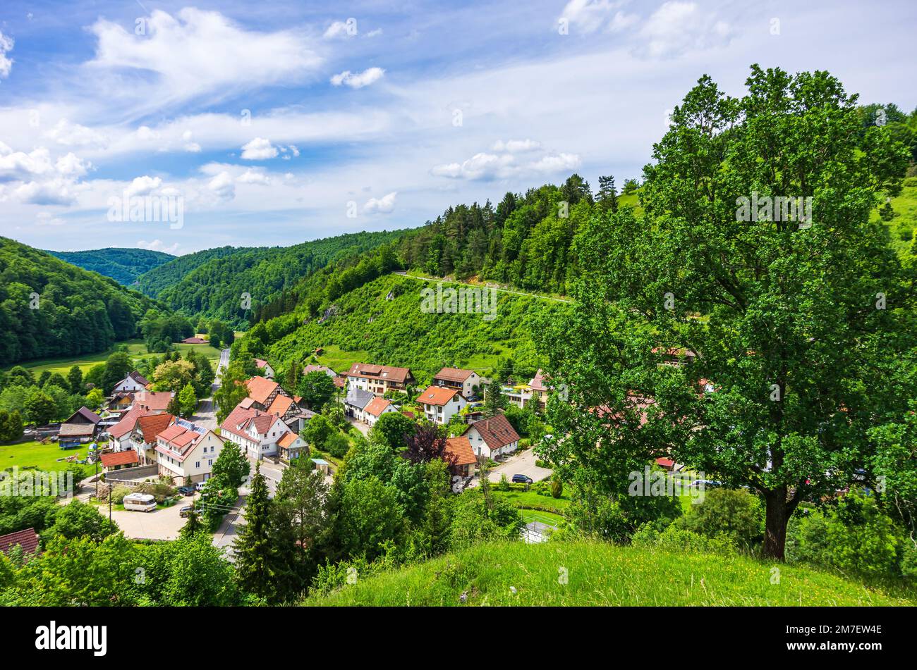 Aerial view of Seeburg village on the Swabian Alb between Bad Urach and ...