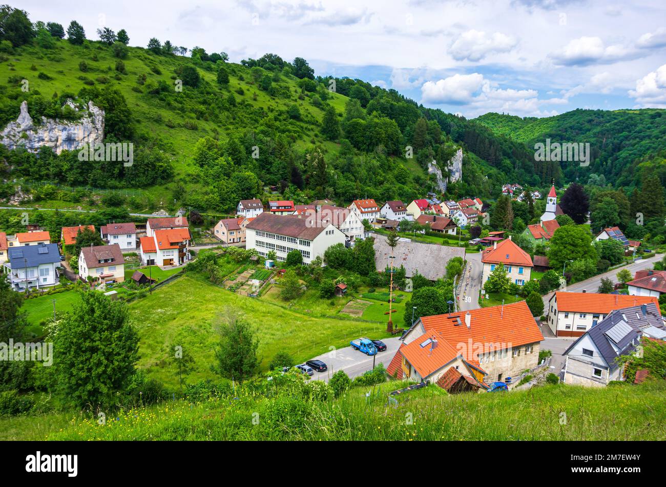 Aerial view of Seeburg village on the Swabian Alb between Bad Urach and ...
