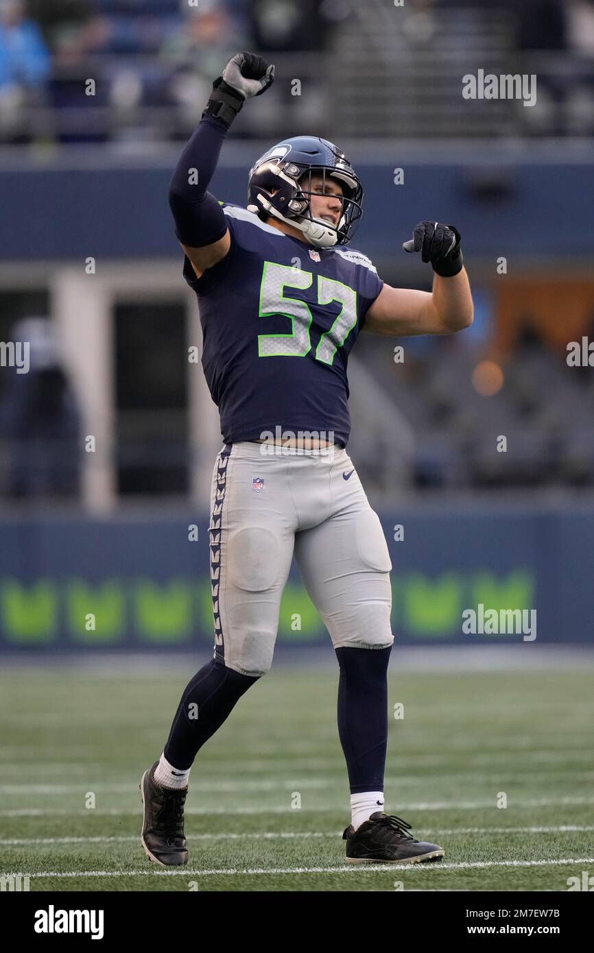Seattle Seahawks linebacker Cody Barton (57) celebrates during an NFL ...