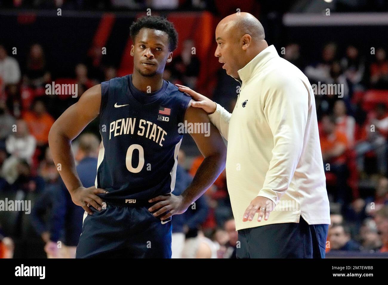 Penn State head coach Micah Shrewsberry talks with Kanye Clary during ...