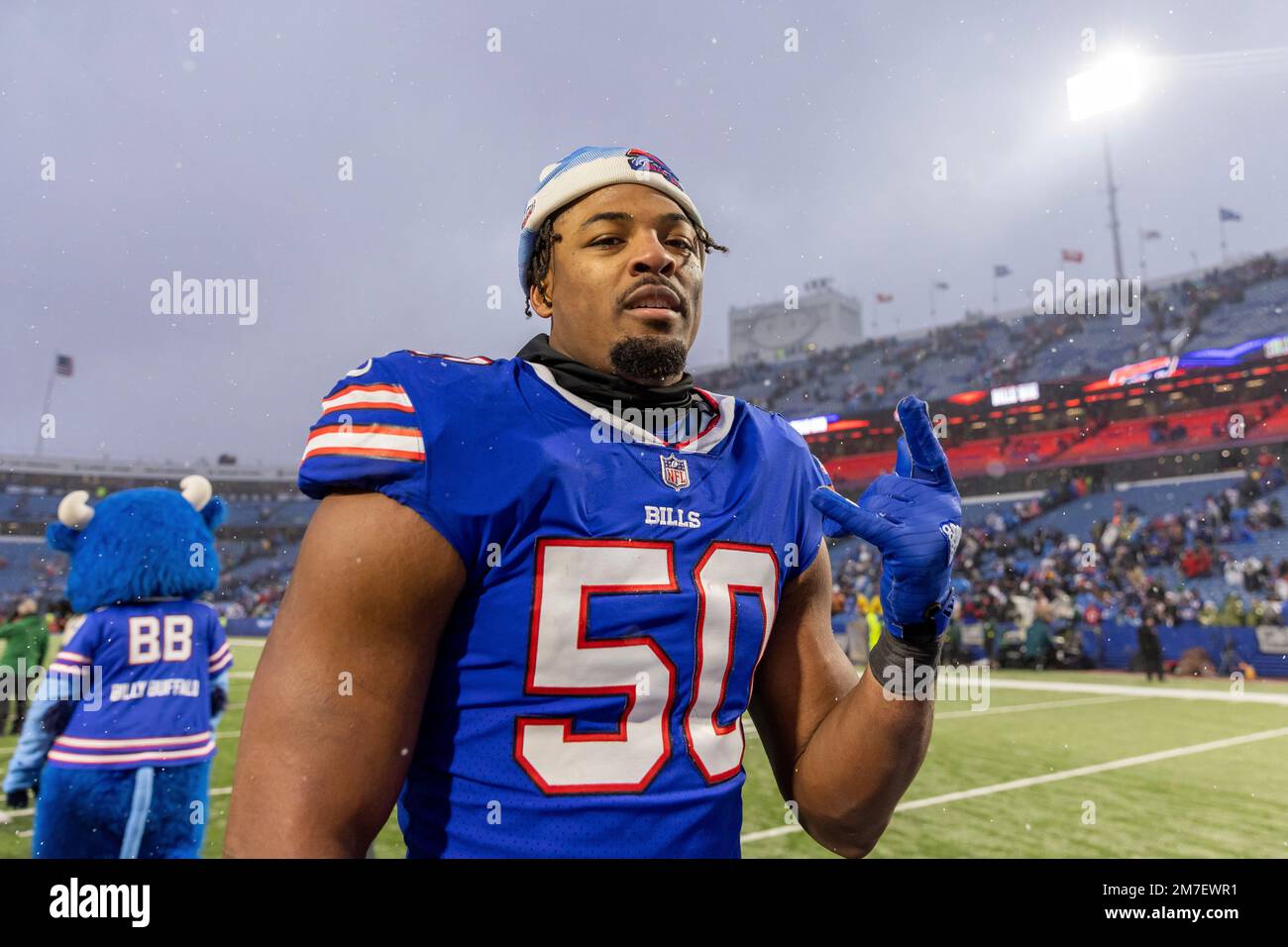 Buffalo Bills defensive end Greg Rousseau (50) walks off the field ...