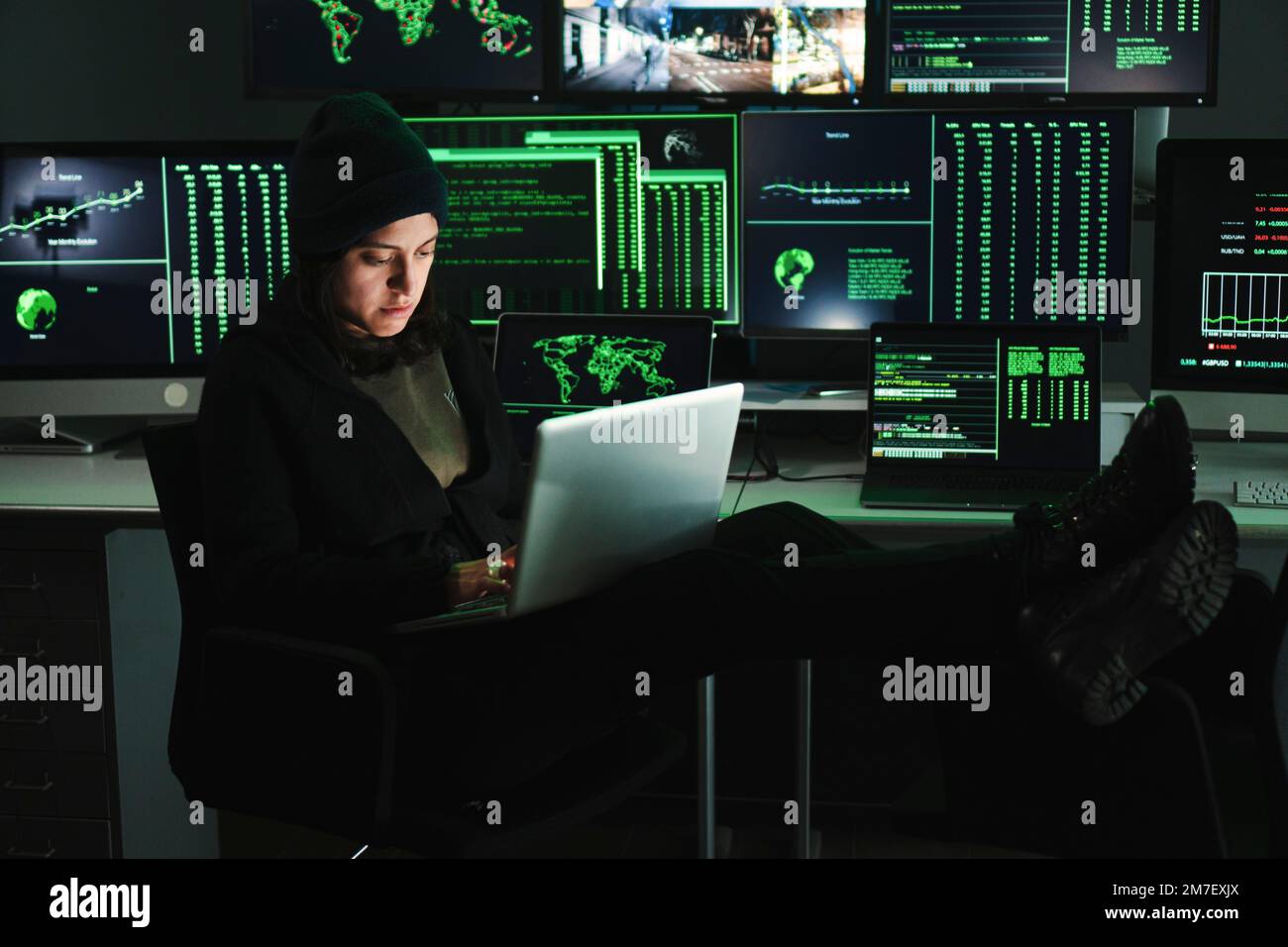 Informatic Hacker Woman Typing Code On Laptop At Background A Lot Of