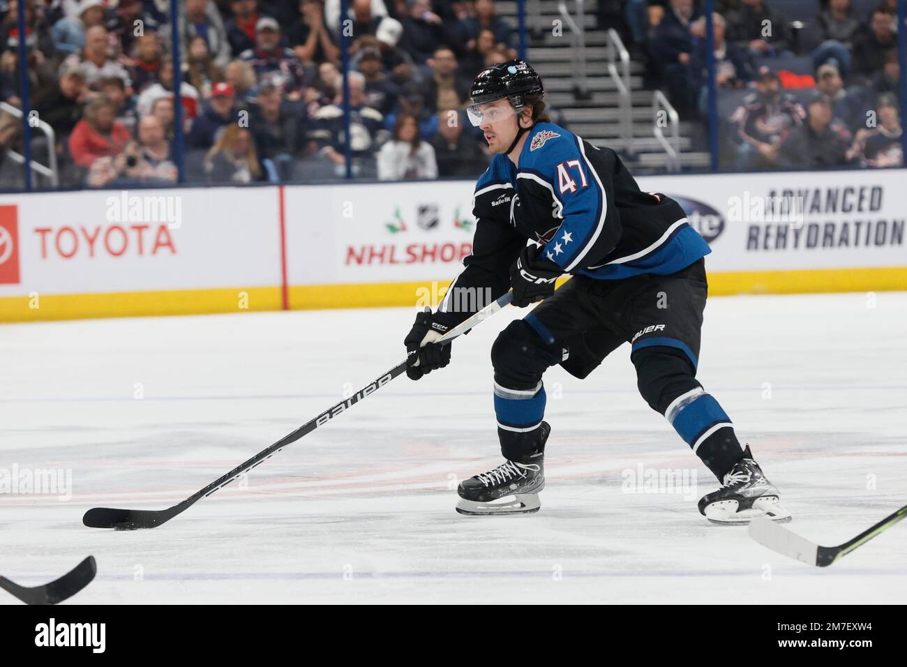 Columbus Blue Jackets' Marcus Bjork plays against the Calgary Flames ...