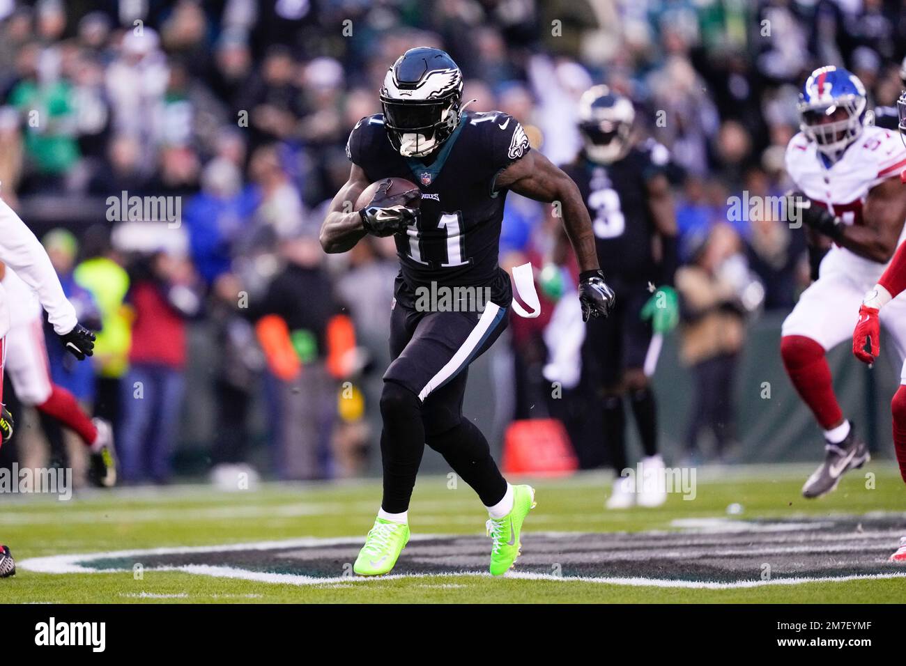 Philadelphia Eagles wide receiver A.J. Brown runs with the ball after ...