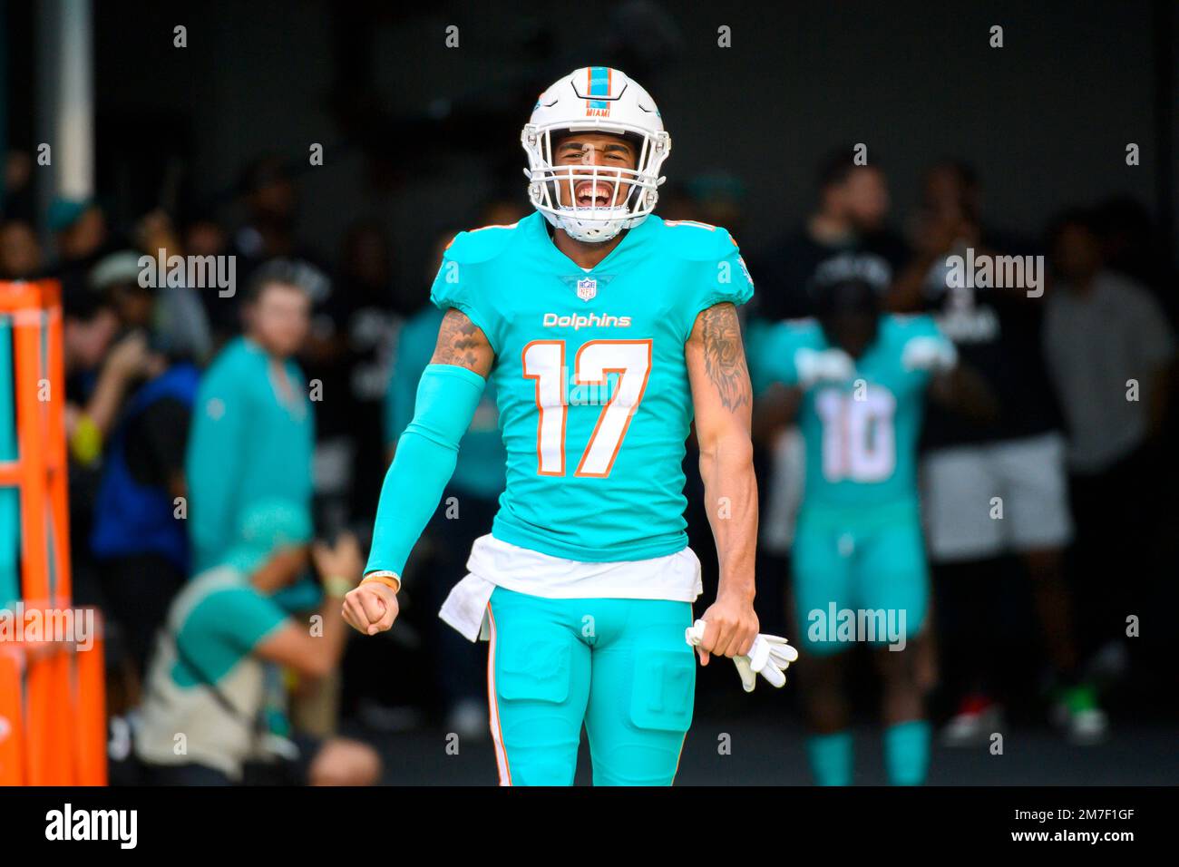 Miami Dolphins wide receiver Jaylen Waddle (17) yells as he is ...