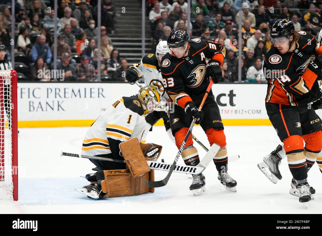 Boston Bruins goaltender Jeremy Swayman (1) makes a save as Anaheim ...