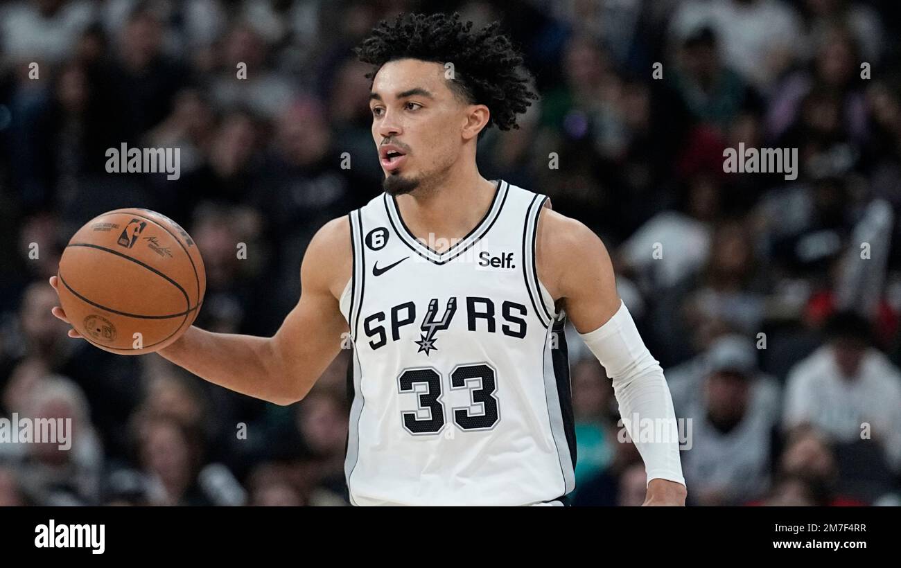 San Antonio Spurs guard Tre Jones (33) during the first half of an NBA ...