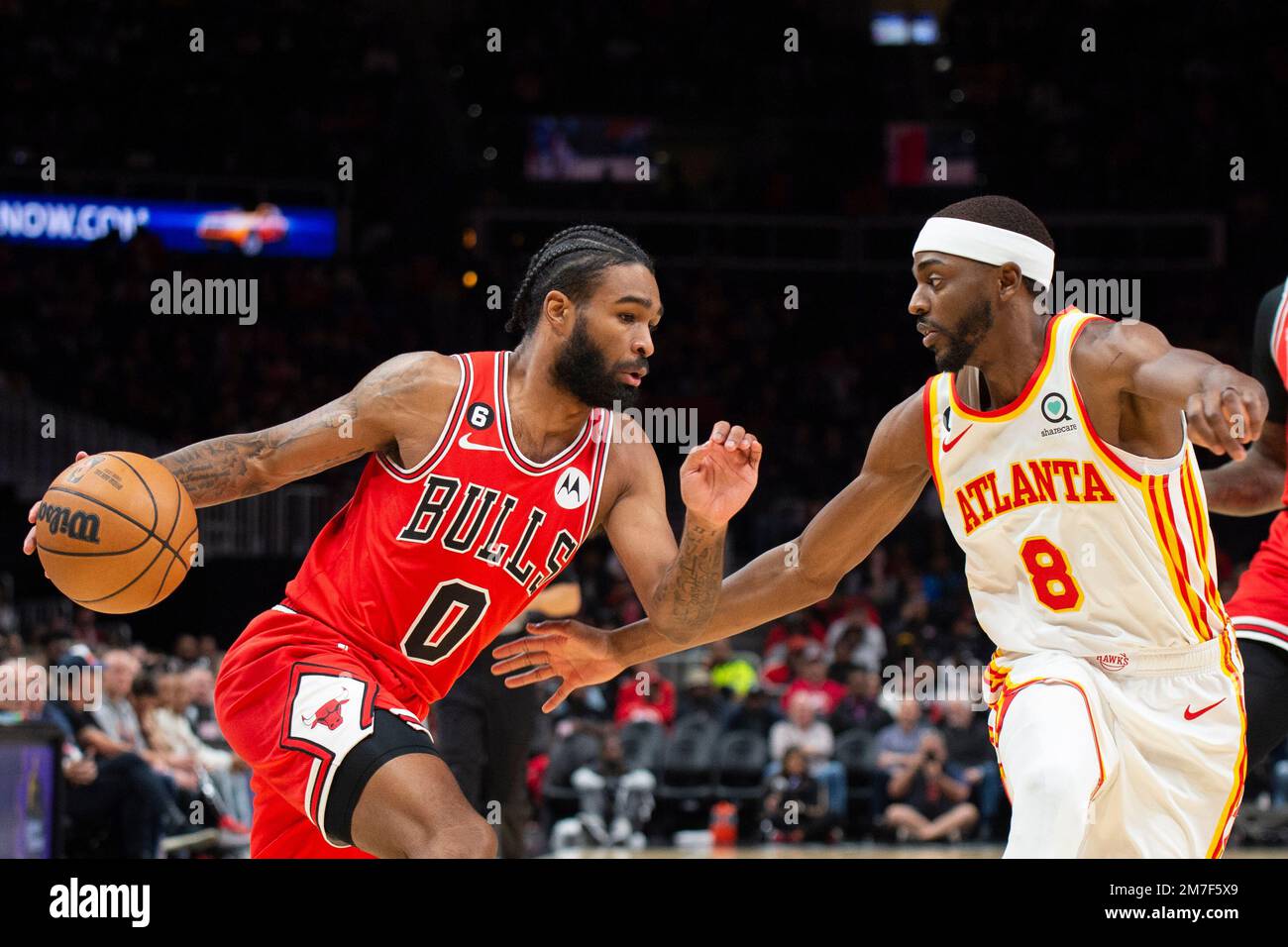Chicago Bulls guard Coby White dribbles against Atlanta Hawks forward ...