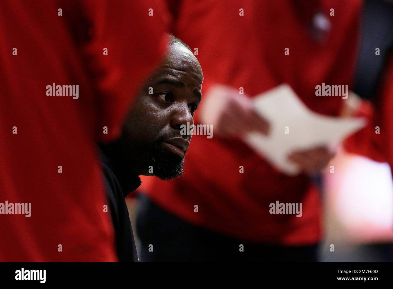 Northern Illinois head coach Rashon Burno speaks with his team during a ...
