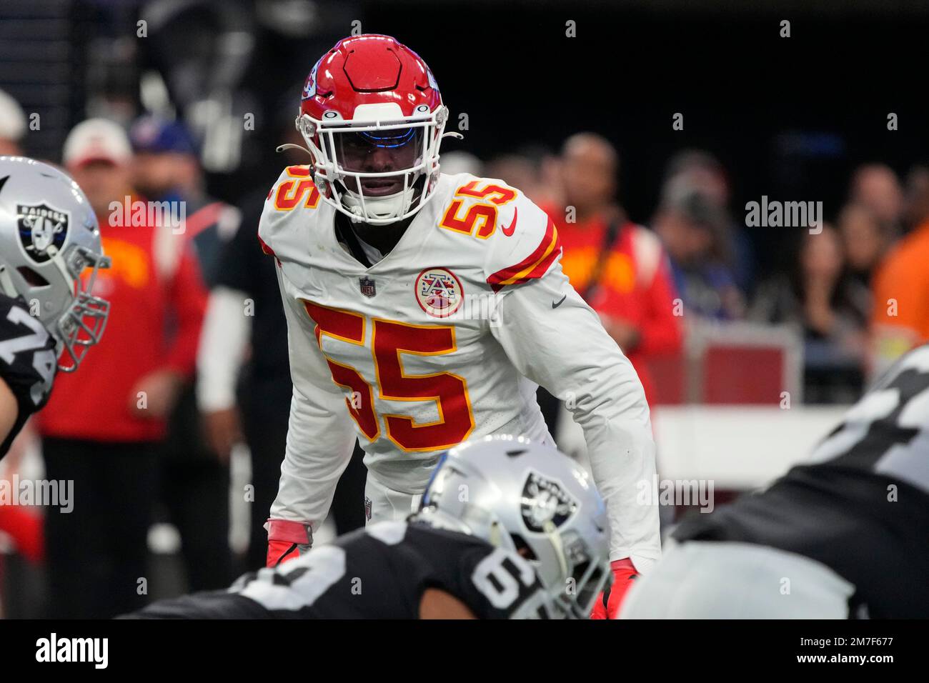 Kansas City Chiefs defensive end Frank Clark (55) lines up against the ...