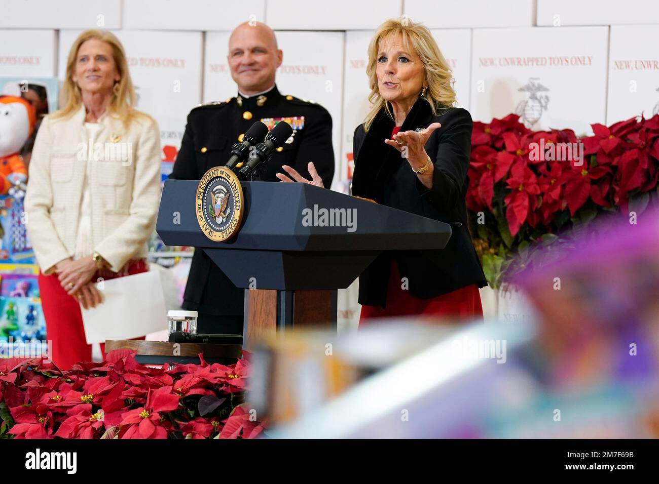First lady Jill Biden speaks during a Toys for Tots event at Joint Base ...