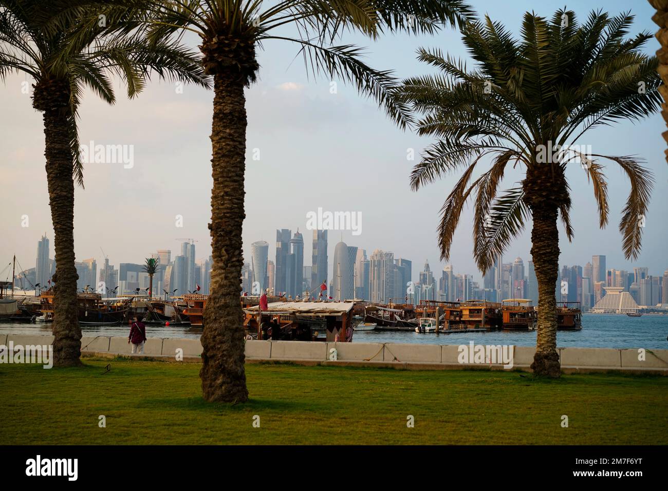 Skyscrapers are seen from the Corniche promenade in Doha, Qatar, Monday ...