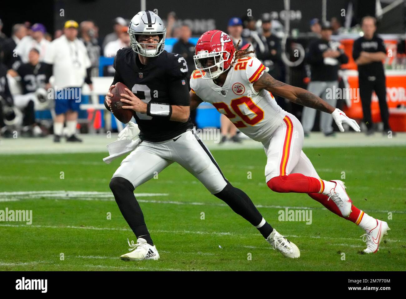 Kansas City Chiefs safety Justin Reid (20) sacks Las Vegas Raiders quarterback Jarrett Stidham ...