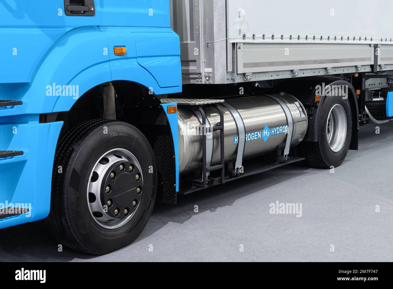 A hydrogen fuel cell semi truck with H2 gas tank onboard. Eco-friendly ...