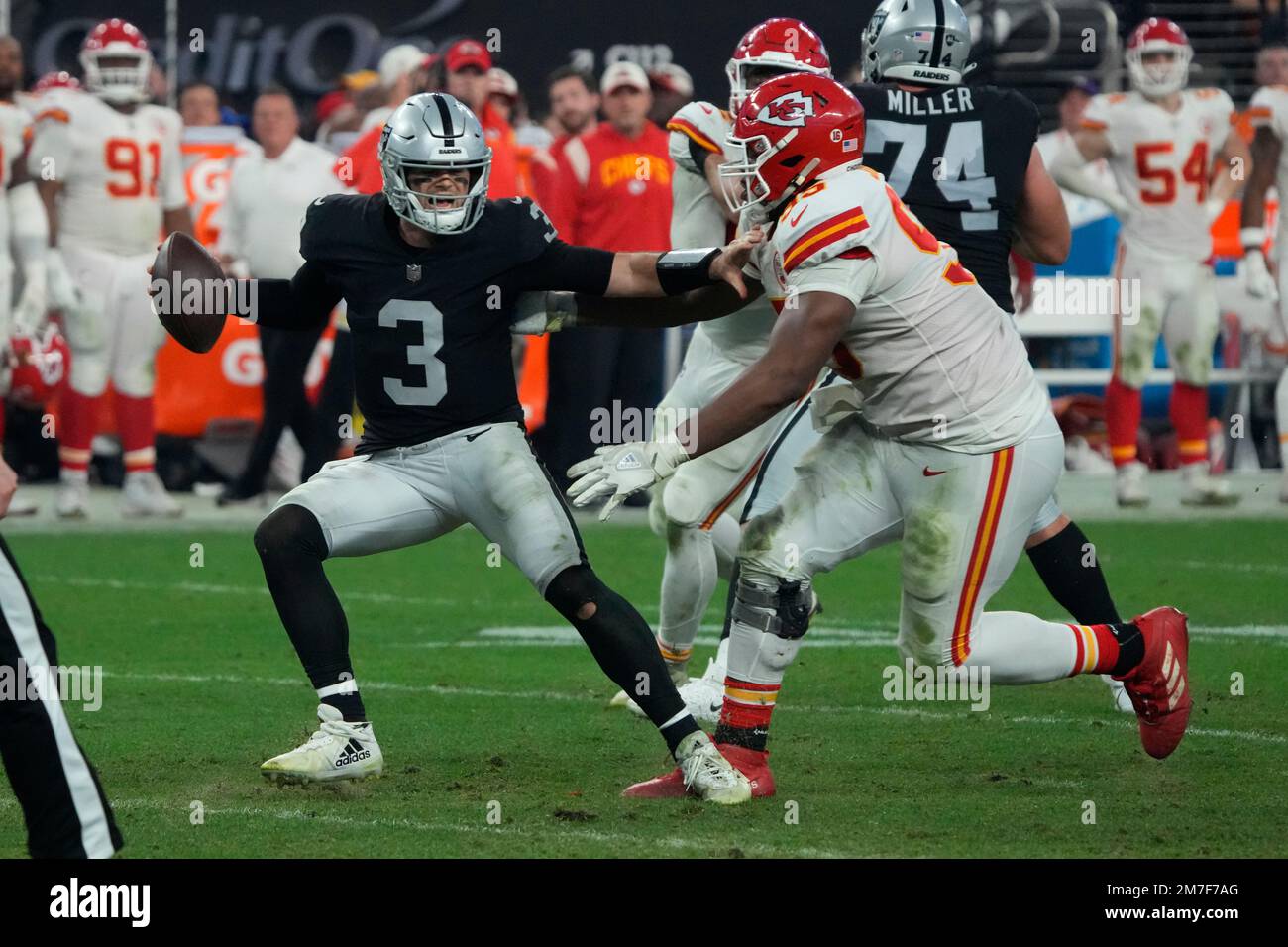 Kansas City Chiefs defensive tackle Chris Jones (95) sacks Las Vegas Raiders quarterback Jarrett ...