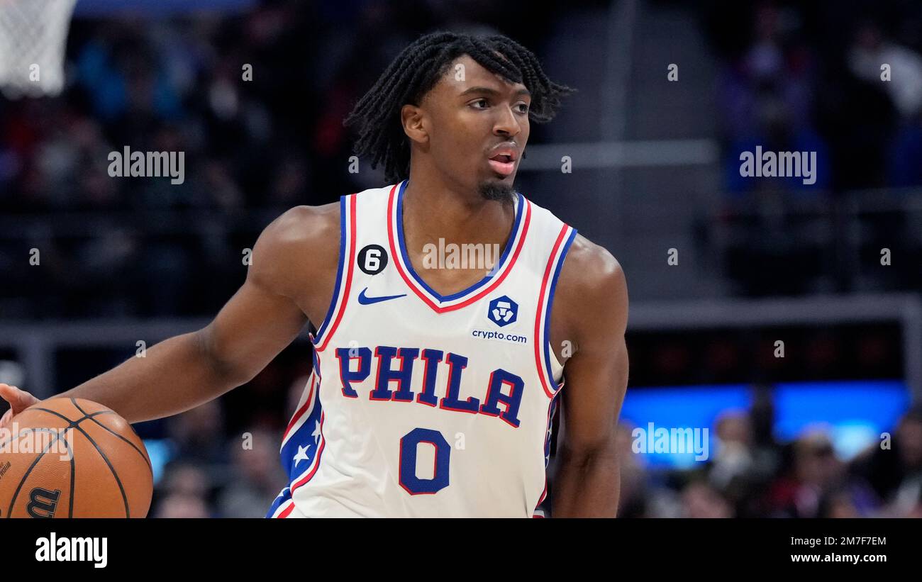 Philadelphia 76ers guard Tyrese Maxey plays during the first half of an ...