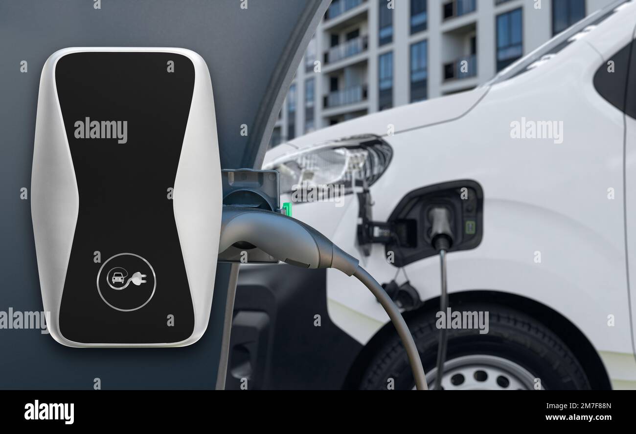 Electric delivery van with electric vehicles charging station Stock ...