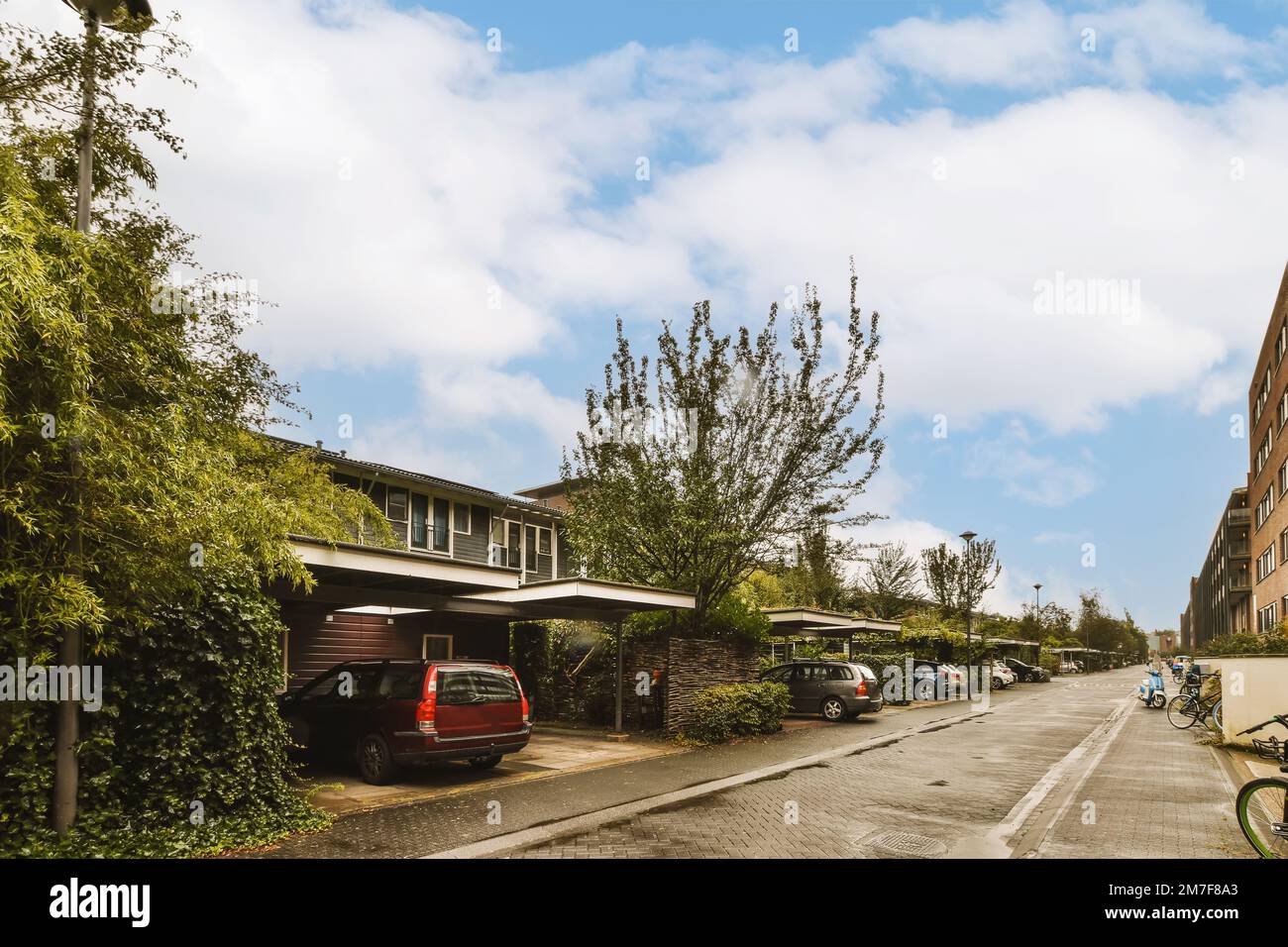 a street with cars parked on the side and houses in the back ground ...