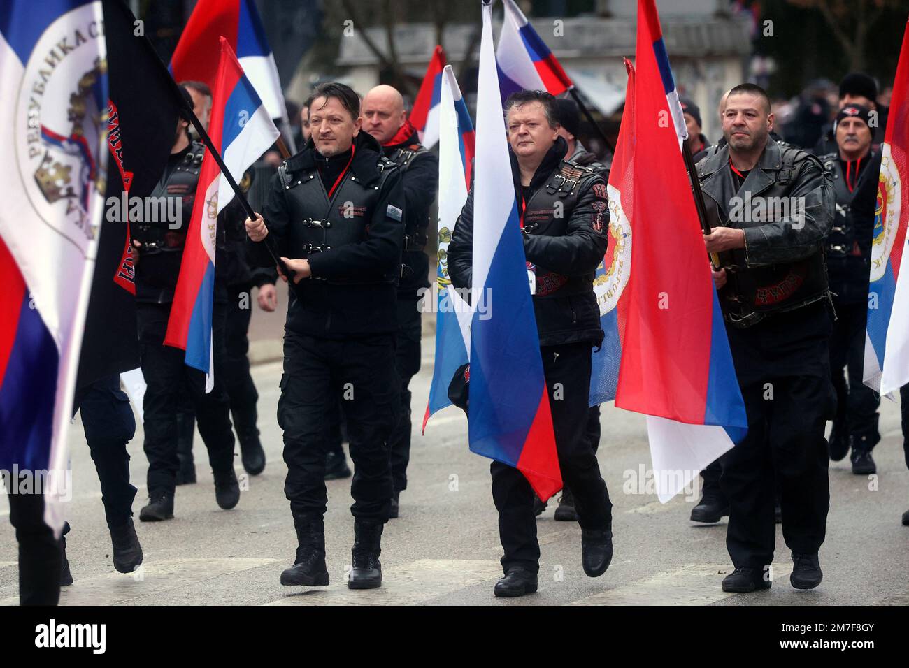 Local members of Russian Night Wolves Motorcycle Club march during a ...