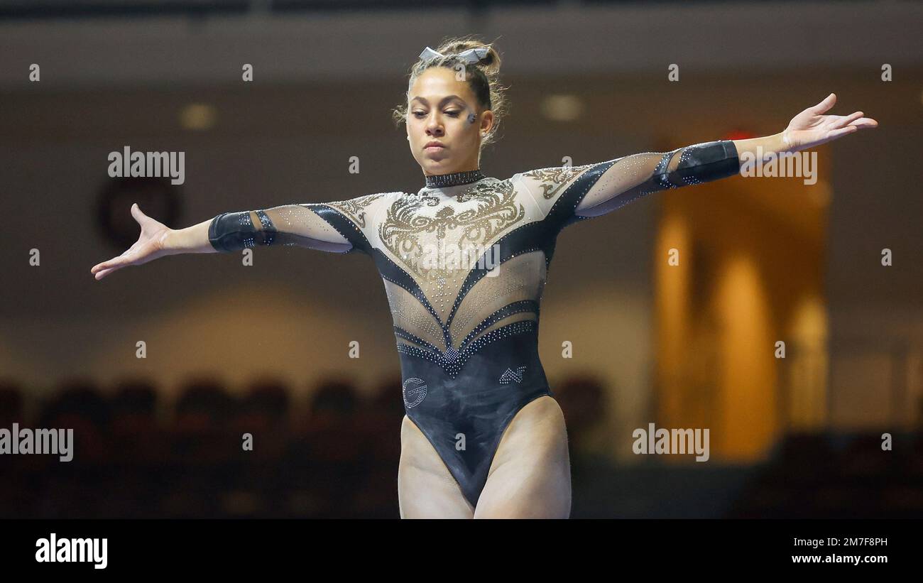 Georgia's Vanessa Deniz competes on the balance beam during an NCAA ...