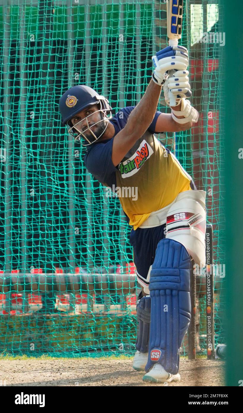 Sri Lankan cricket captain Dasun Shanaka bats during a practice session ...