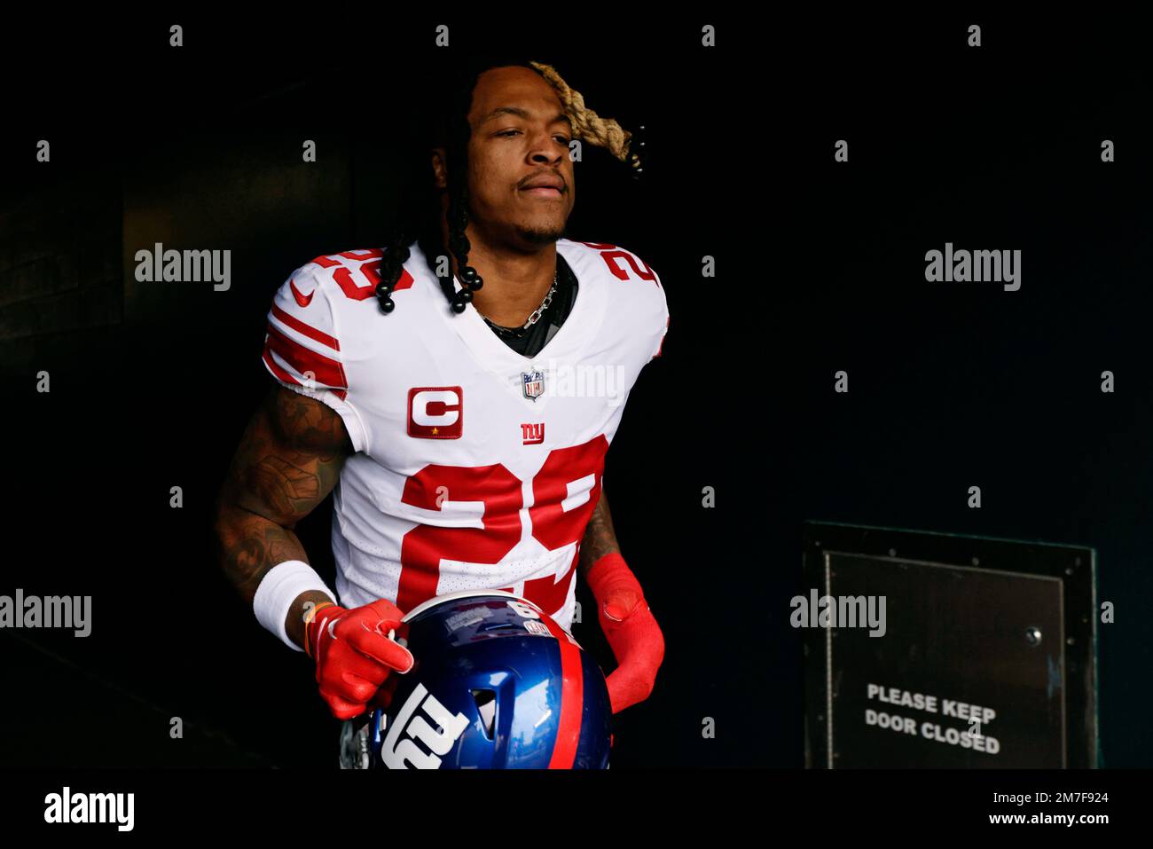 New York Giants safety Xavier McKinney (29) runs out of the tunnel ...
