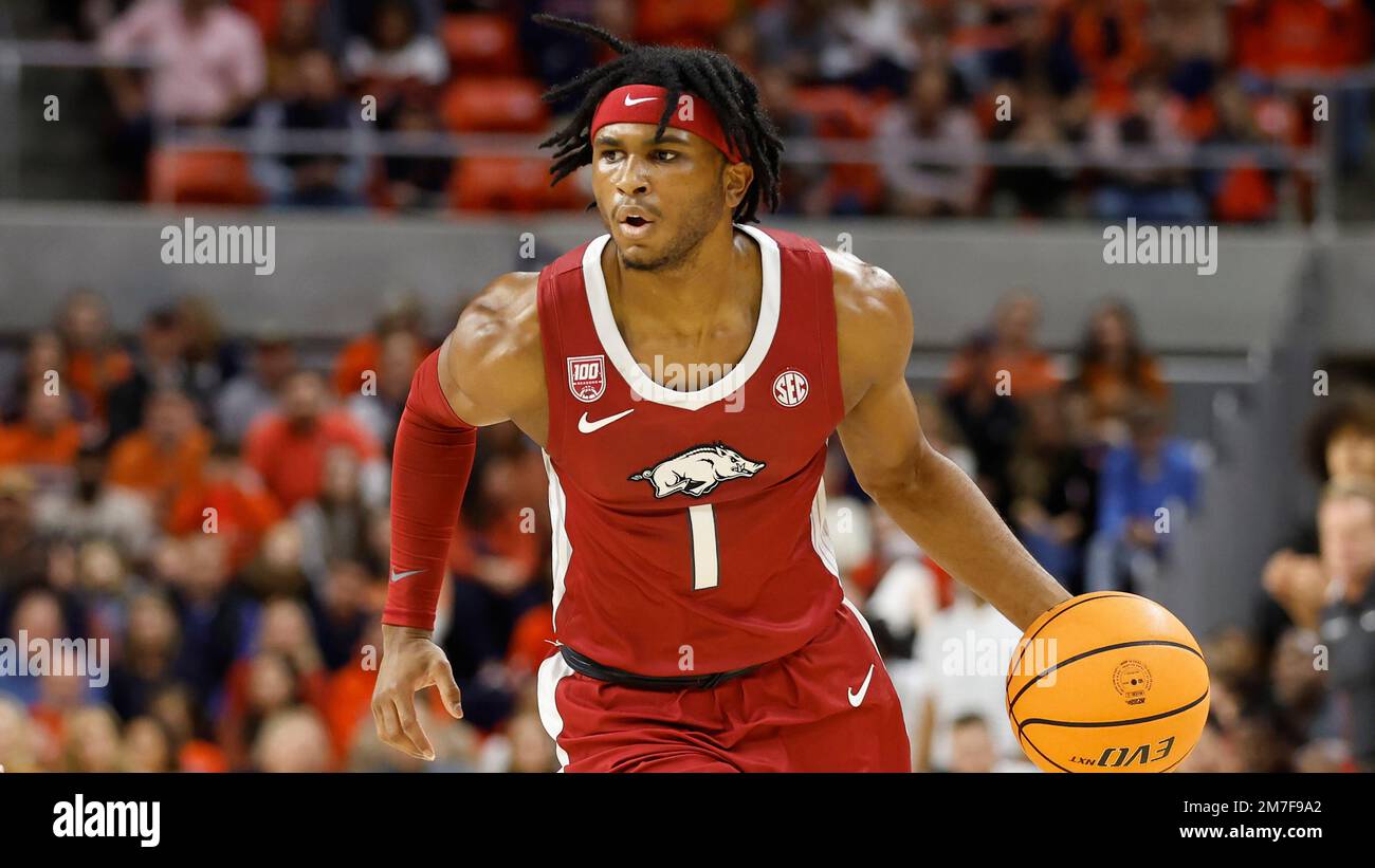 Arkansas guard Ricky Council IV dribbles the ball against Auburn during ...