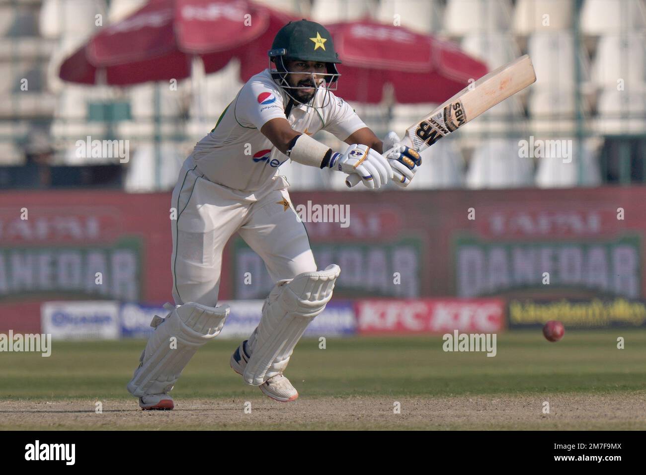 Pakistan's Saud Shakeel plays a shot during the fourth day of the ...