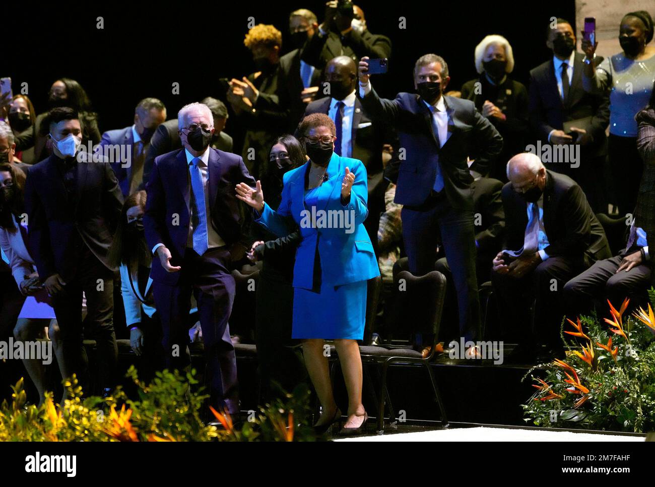 Karen Bass, the first Black woman elected Los Angeles mayor, center ...