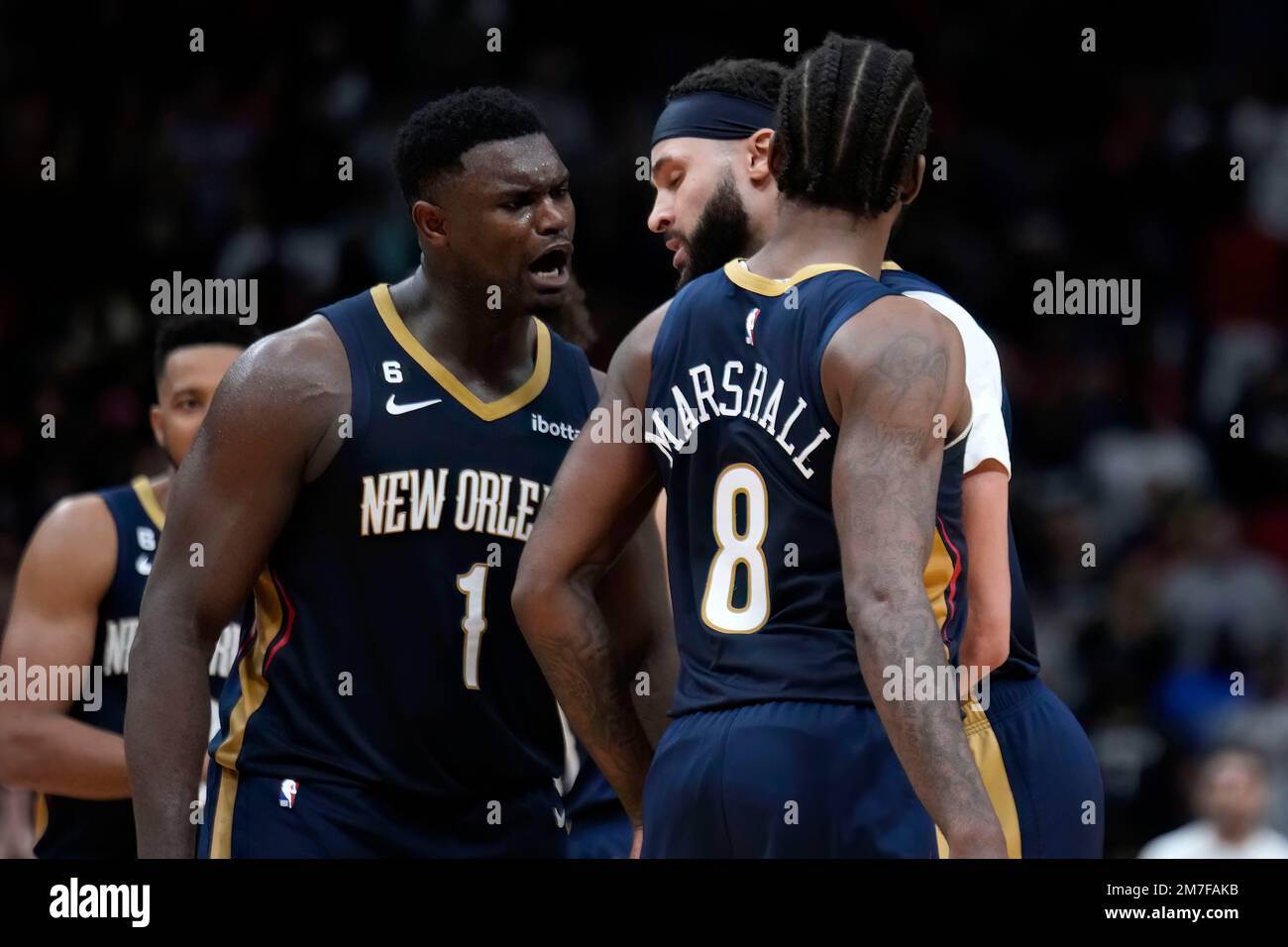 New Orleans Pelicans forward Zion Williamson (1) reacts with forward ...