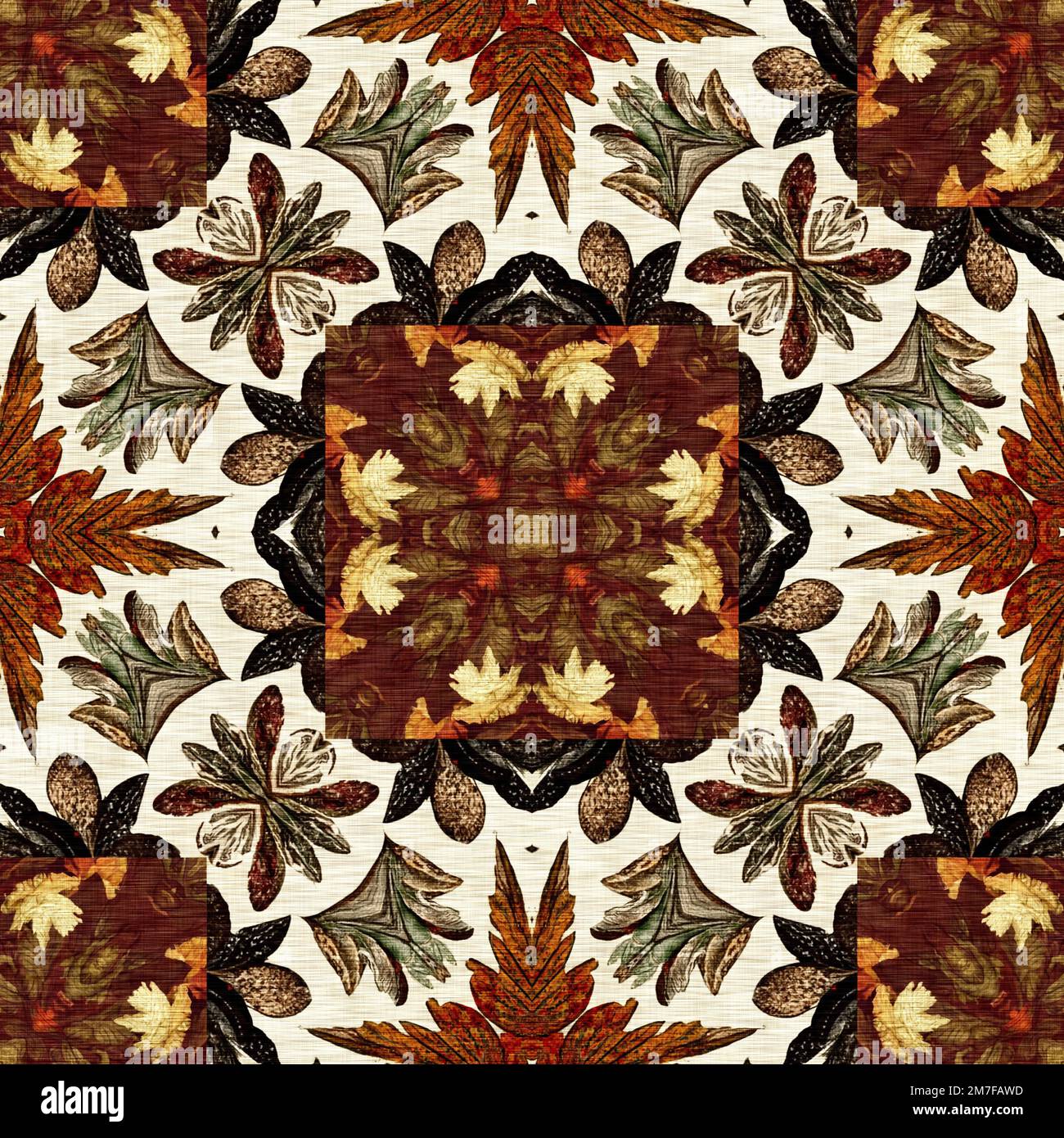Autumn leaf quilt style vintage seamless pattern. Homely cottage core ...